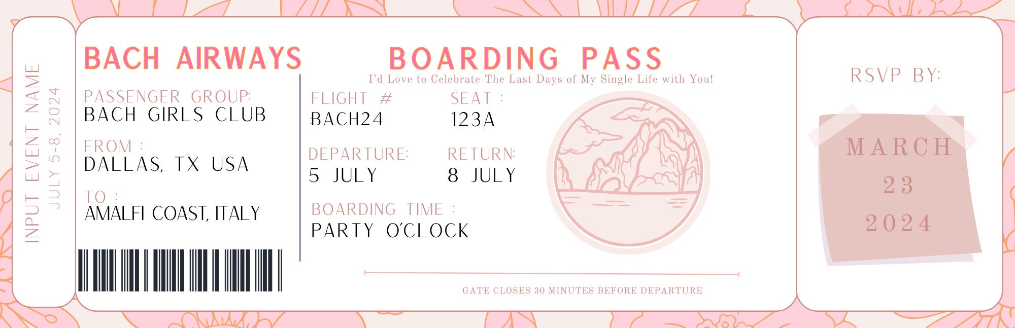 Boarding Pass Bachelorette Party Invitation: Editable Destination ...