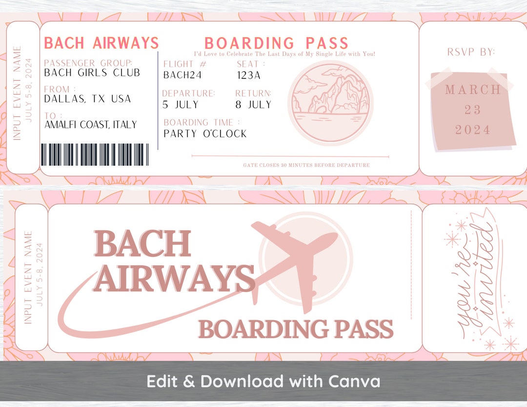 Boarding Pass Bachelorette Party Invitation: Editable Destination ...