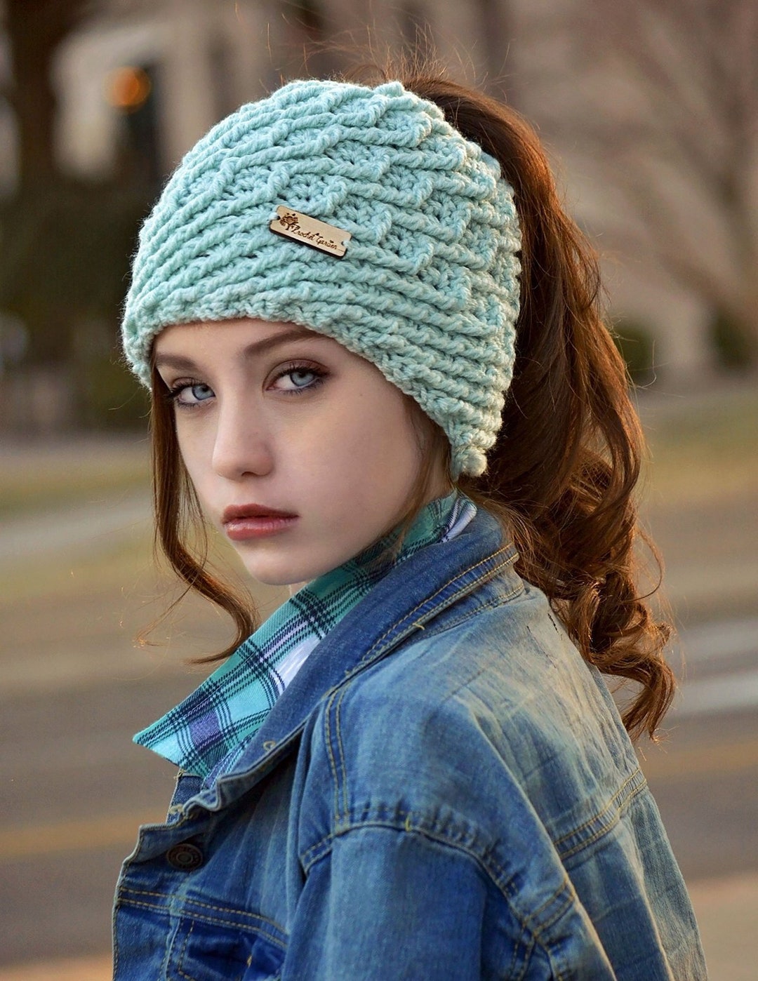 Winter Solstice Messy Bun Beanie - Crocheted Ponytail Hat - Messy Bun ...