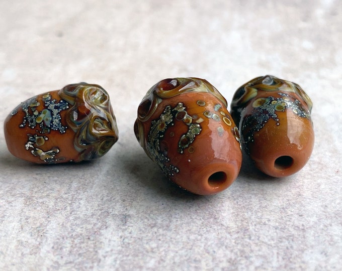 Acorn Bead Trio - Terracotta- Raku - Handmade Lampwork - Autumn Fall - Etsy