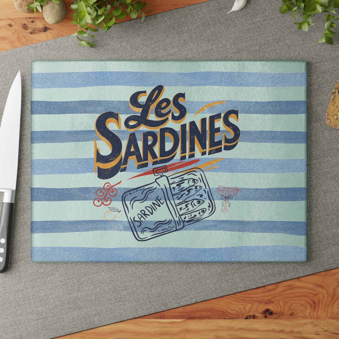 Tinned Fish Sardine Cutting Board, Coastal Themed, Nautical Blue White ...