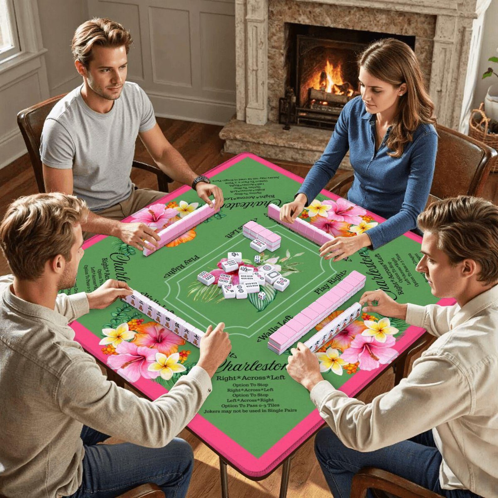 Floral Mahjong Mat With Instructions: Preppy Green & Hot Pink - Etsy