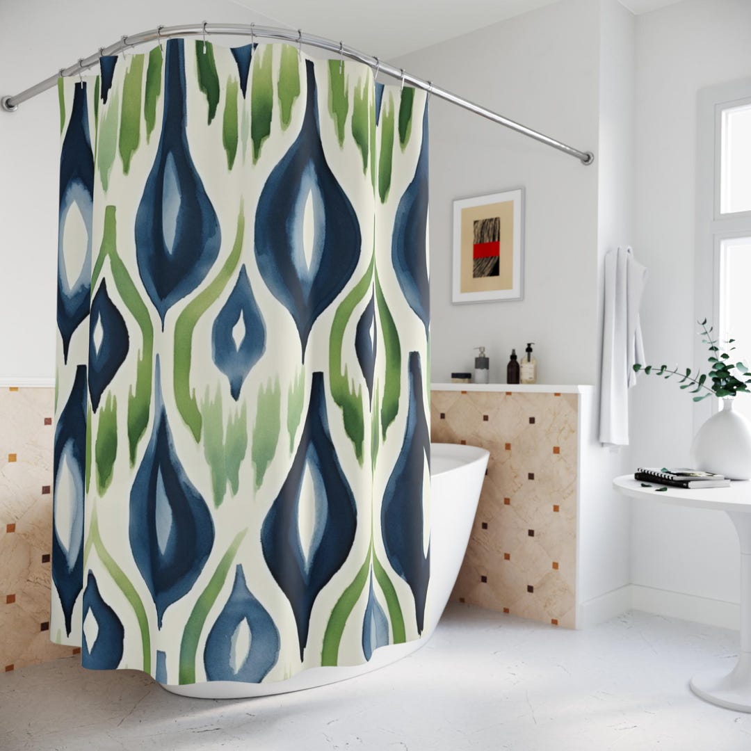 Navy Blue Green Ikat Abstract, Bathroom Decor, Boho Chic Home ...