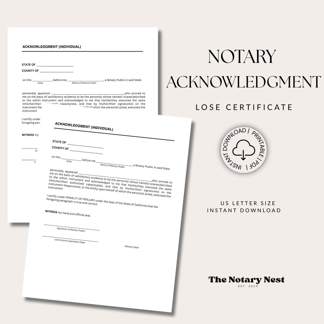 Notary Lose Certificate Acknowledgment Form PDF Instant Download Loan ...