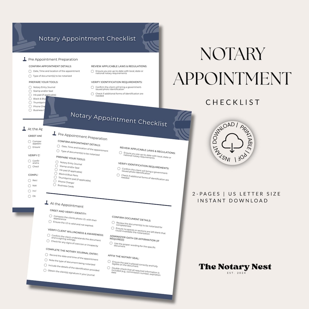 Notary Appointment Checklist Instant Download PDF Notary Printable ...