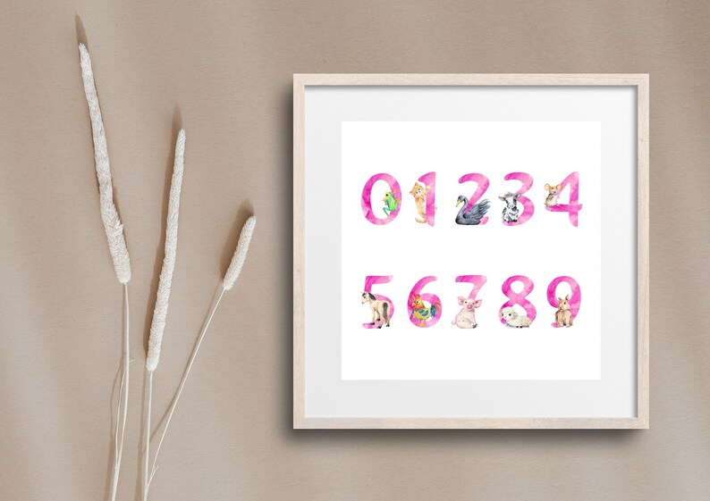 Educational Wall Art Watercolour Animal Numbers 123 Print Pink Number ...
