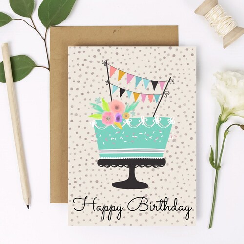 Happy Birthday Cake Card Digital Printable Instant Download - Etsy