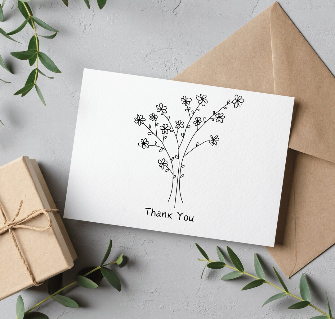 Printable A2 Floral Greeting Card With Envelope Black Line Botanical ...