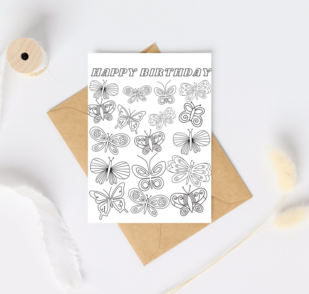 Butterfly Printable Coloring Birthday Card A2 Card & Envelope Instant ...