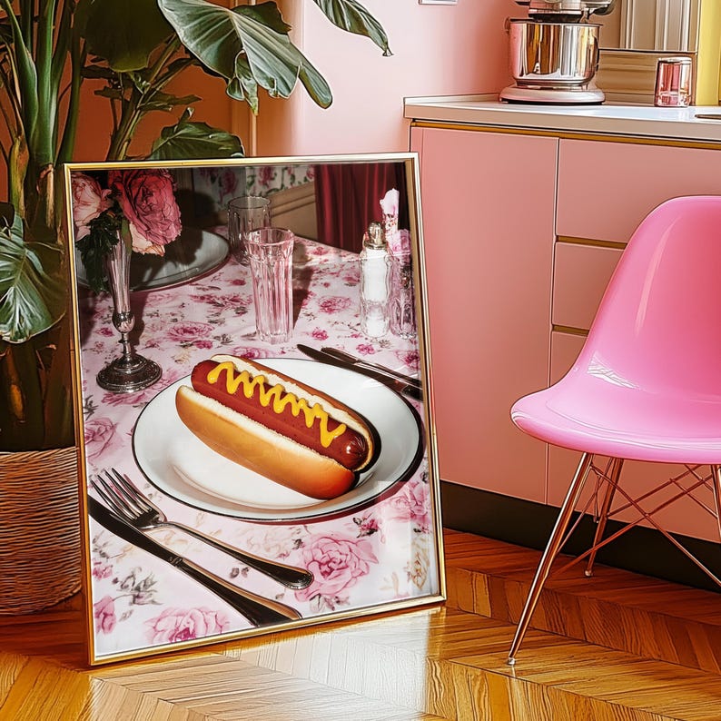 Gourmet Hot Dog Art Print, Retro Food Pink Hotdog Wall Poster, Chicago ...