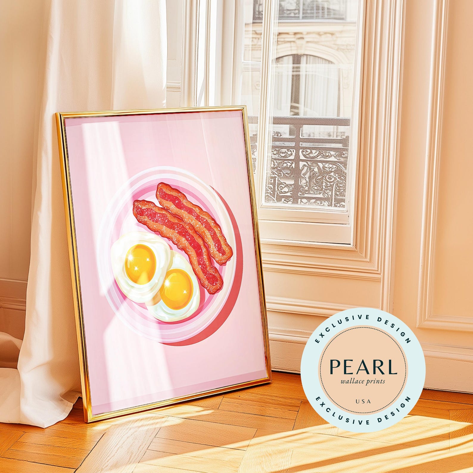 Pink Bacon and Eggs Art Print, Breakfast Food Painting Illustration ...