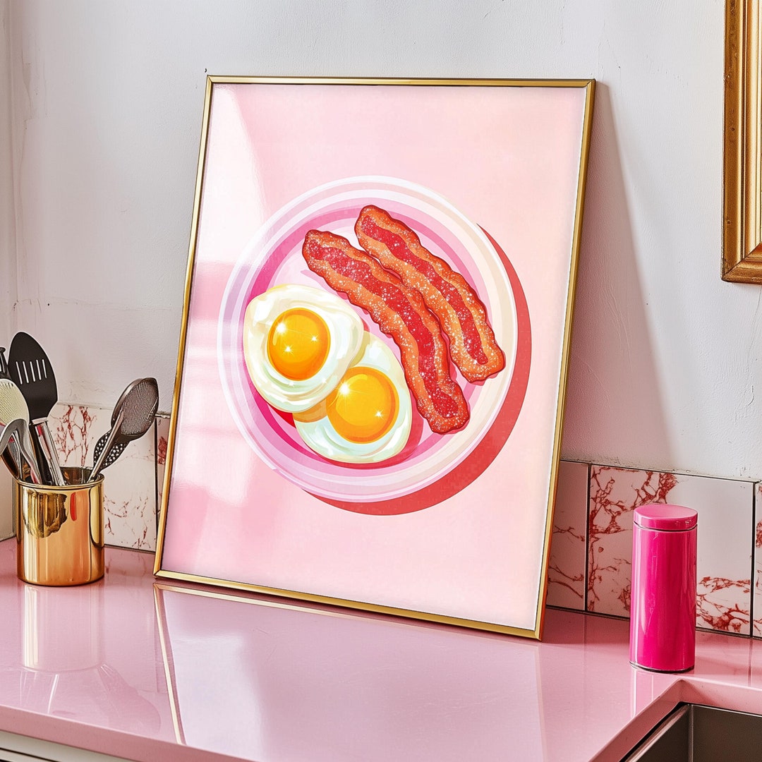 Pink Bacon and Eggs Art Print, Breakfast Food Painting Illustration ...