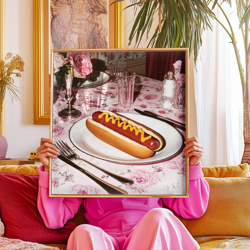 Gourmet Hot Dog Art Print, Retro Food Pink Hotdog Wall Poster, Chicago ...
