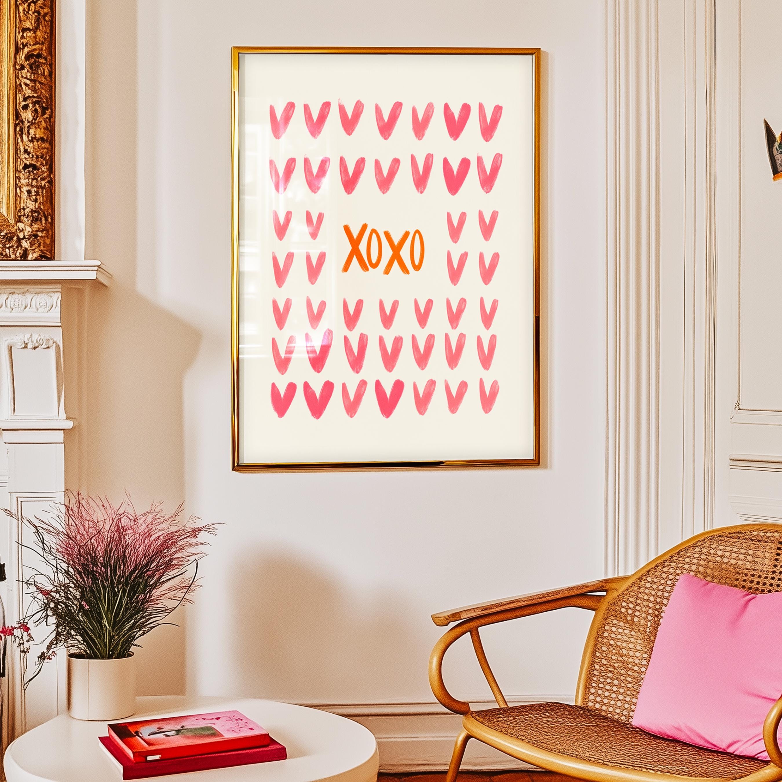 XOXO Pink Heart Wall Art Print, Minimalist Preppy XO Typography Poster ...