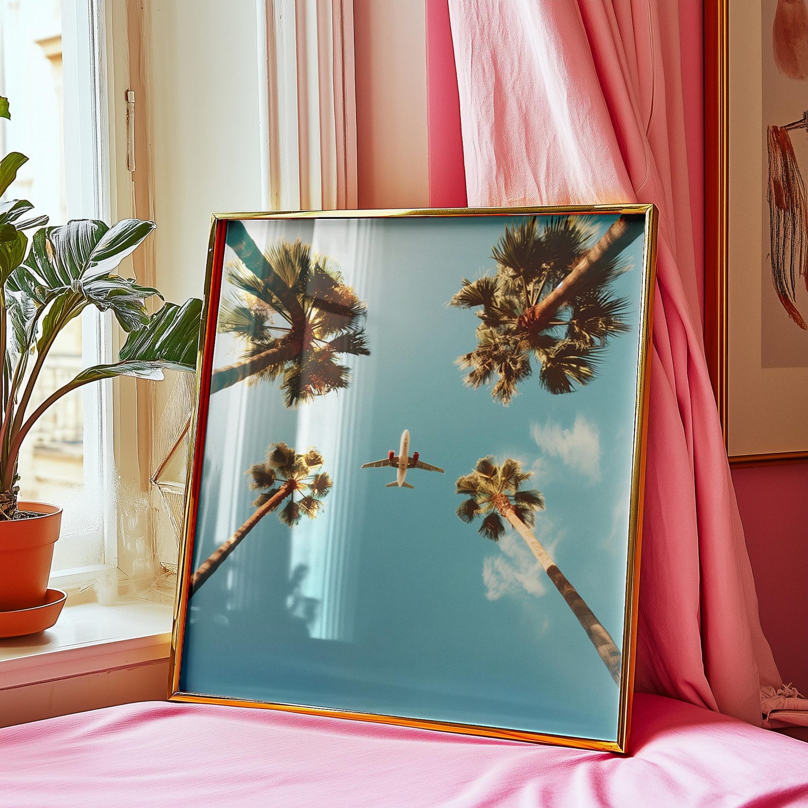 Airplane Flyover Palm Trees Art Print, Retro Plane California Travel ...