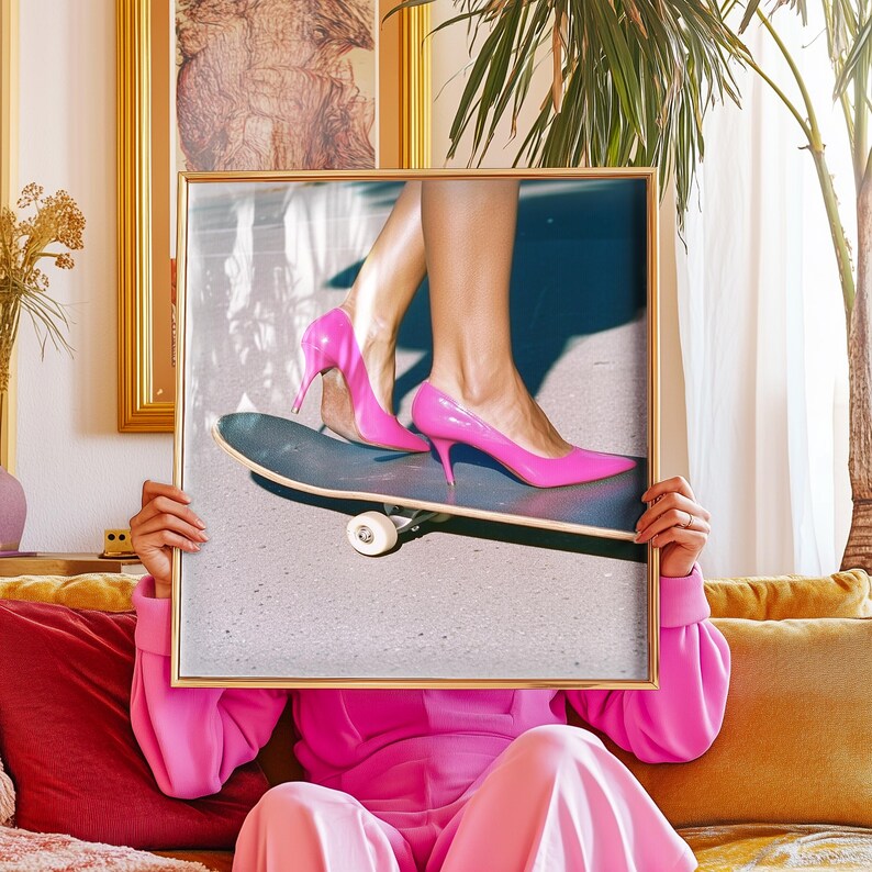 Retro Pink Skateboard Art Print Y2K Skater Girl Wall Poster Girly