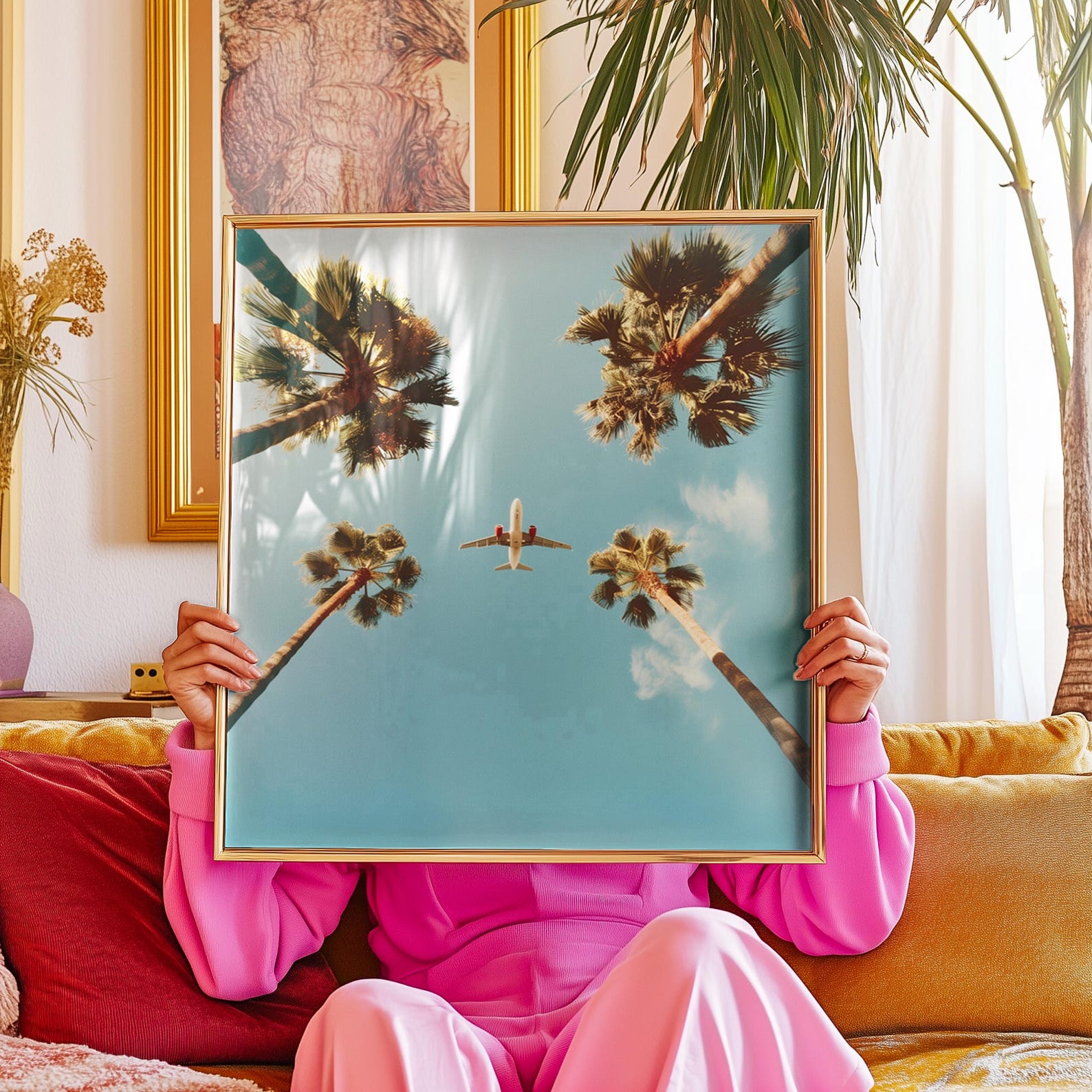 Airplane Flyover Palm Trees Art Print, Retro Plane California Travel ...