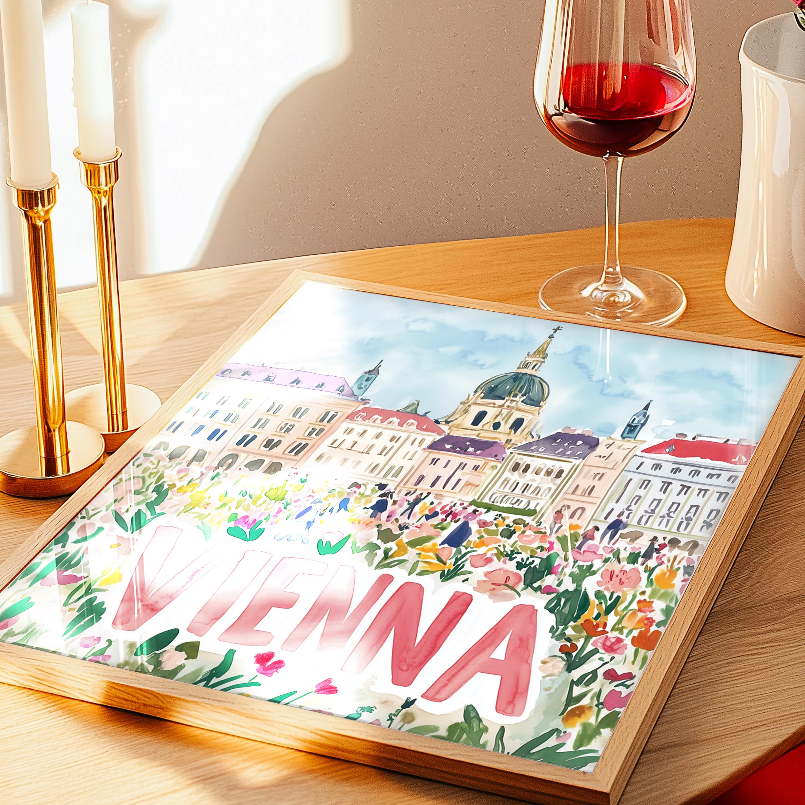 Vienna City Watercolor Painting Art Print, Pastel Flower Market ...