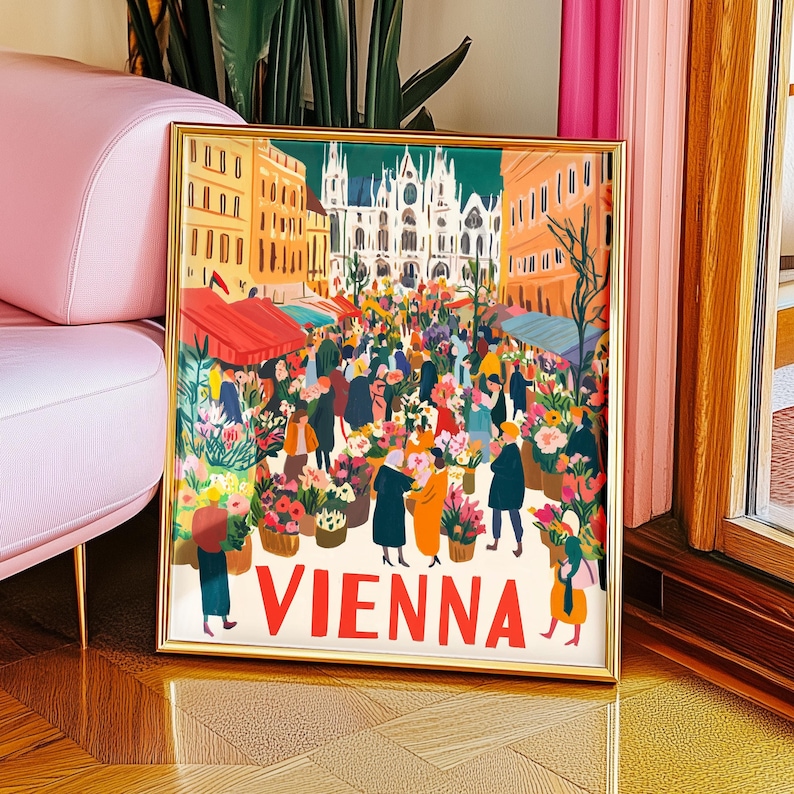 Vienna Travel Poster Print, Retro Flower Market Illustration Painting ...