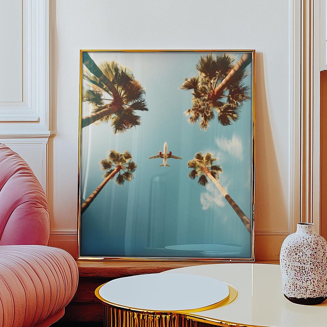 Airplane Flyover Palm Trees Art Print, Retro Plane California Travel ...