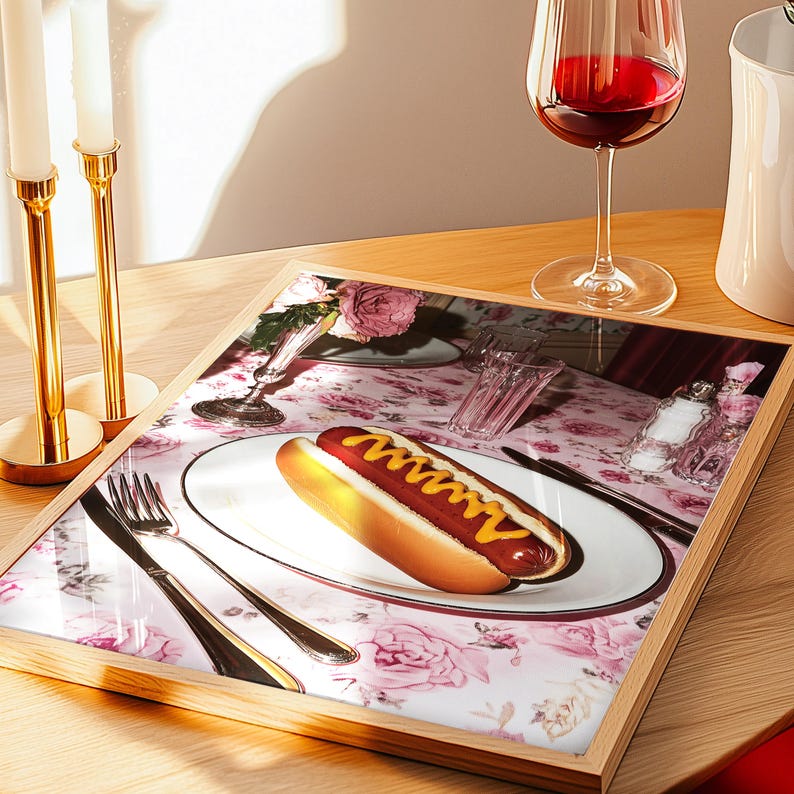 Gourmet Hot Dog Art Print, Retro Food Pink Hotdog Wall Poster, Chicago ...
