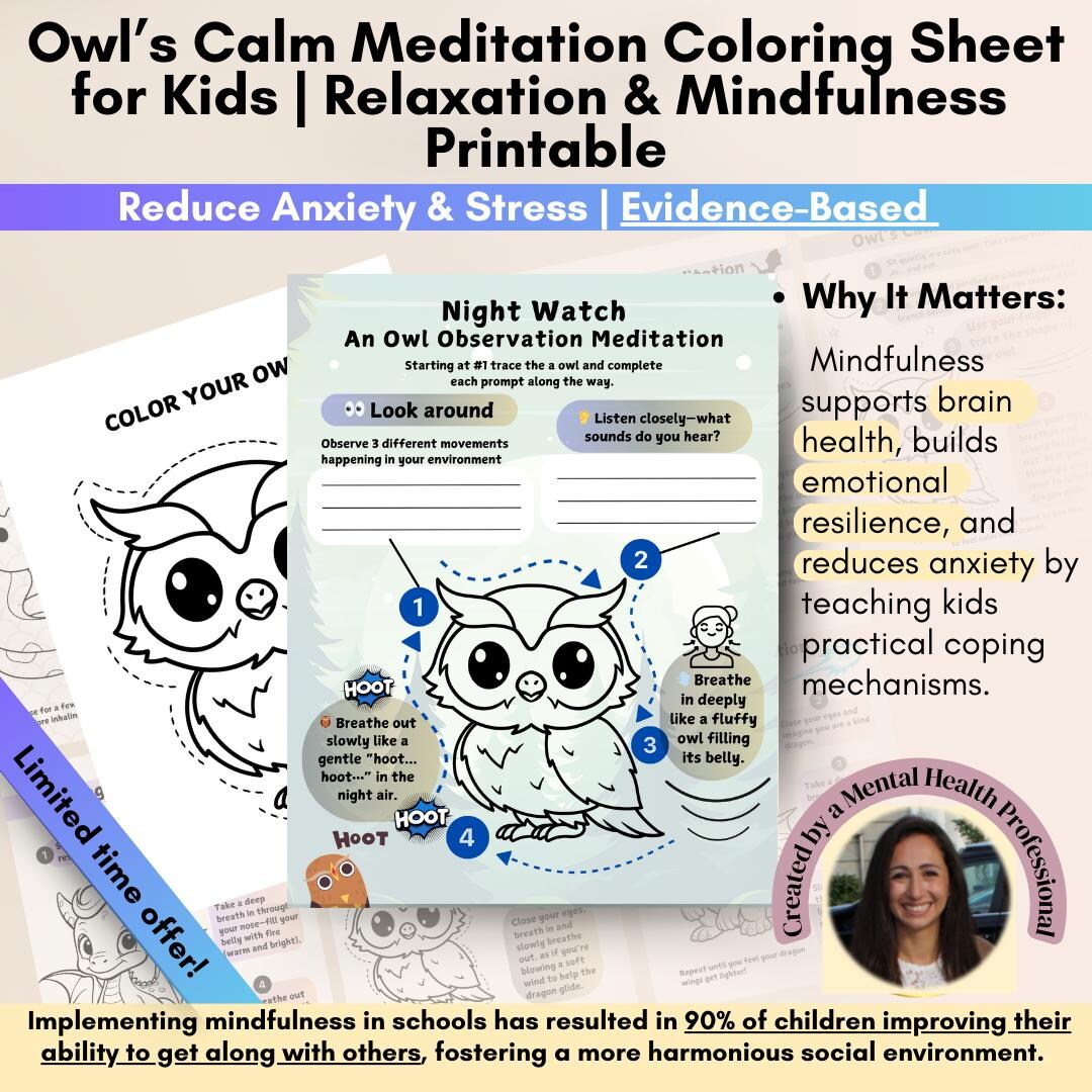 Kids Owl’s Calm Meditation & Coloring Page | Social-emotional Learning ...