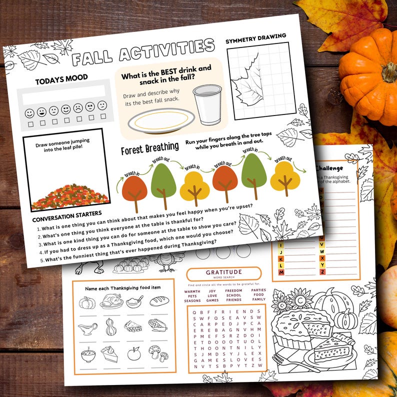 Fall Themed Coping Skills Printable Placemat, Gratitude Autumn Activity ...