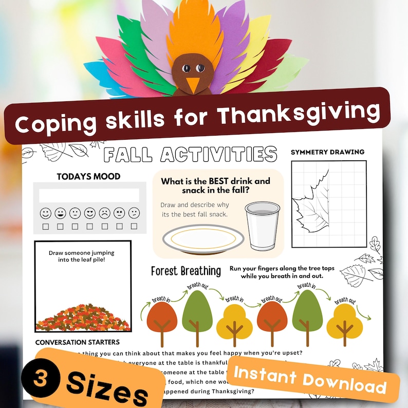 Fall Themed Coping Skills Printable Placemat, Gratitude Autumn Activity ...