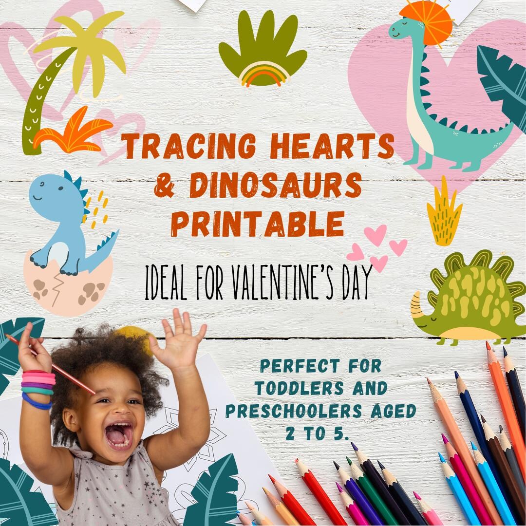 Toddler Coloring Tracing Pages | Hearts & Dinosaurs Printable | Fun ...