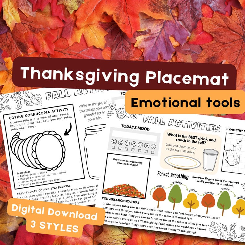 Fall Themed Coping Skills Printable Placemat, Gratitude Autumn Activity ...