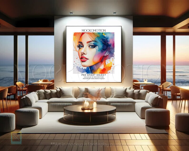 Unique Video Frame Mockup, for Wall Art, ISO Square 1:1 Animated Beach Cafe Scene, Photoshop ...