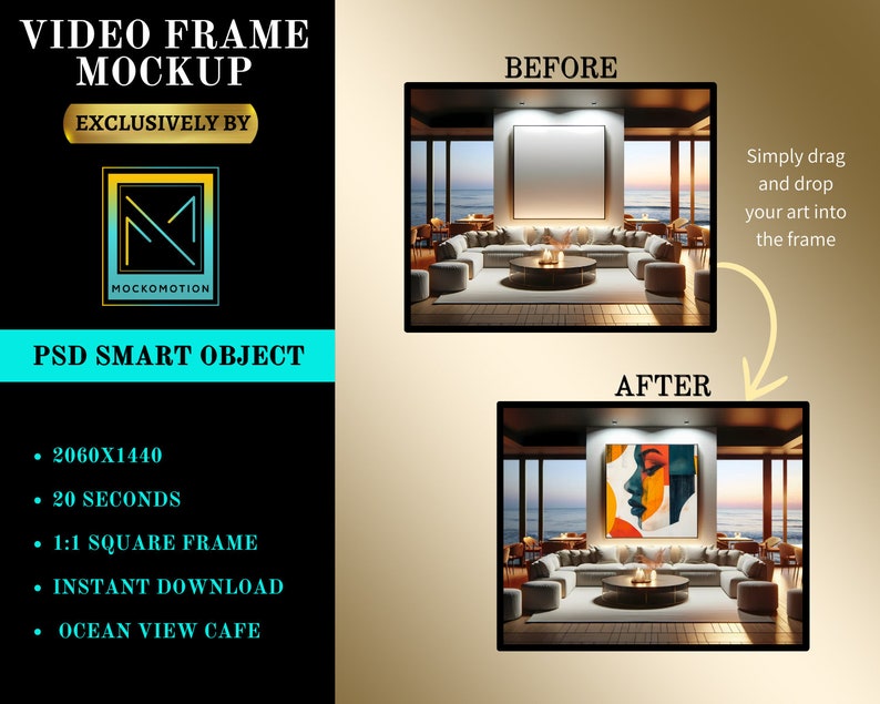 Unique Video Frame Mockup, for Wall Art, ISO Square 1:1 Animated Beach Cafe Scene, Photoshop ...