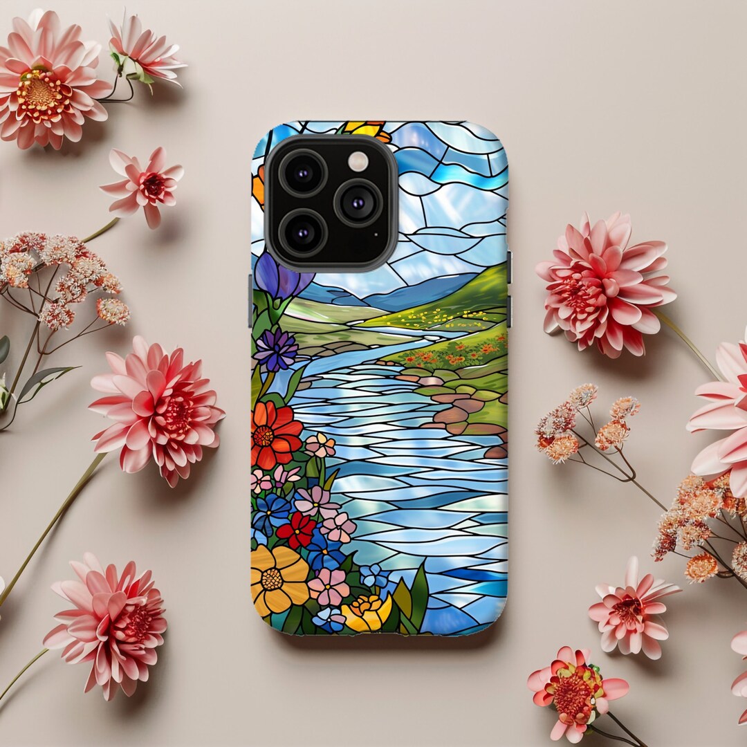Aesthetic Stained Glass Wildflower & River Phone Case for iPhone 15 14 ...