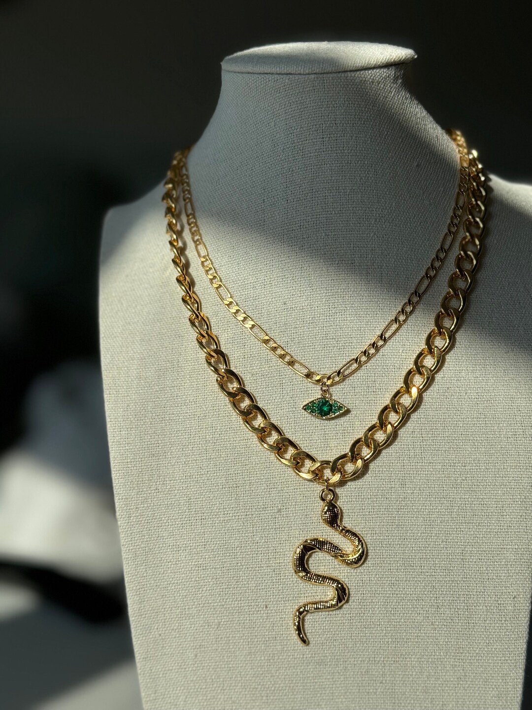 24k Gold Plated Green Evil Eye & Snake Necklaces 2 for 50 - Etsy