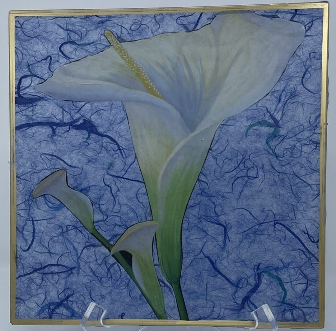 Calla Lily Backed With Blue Rice Paper; 8" Square Decoupaged Glass ...
