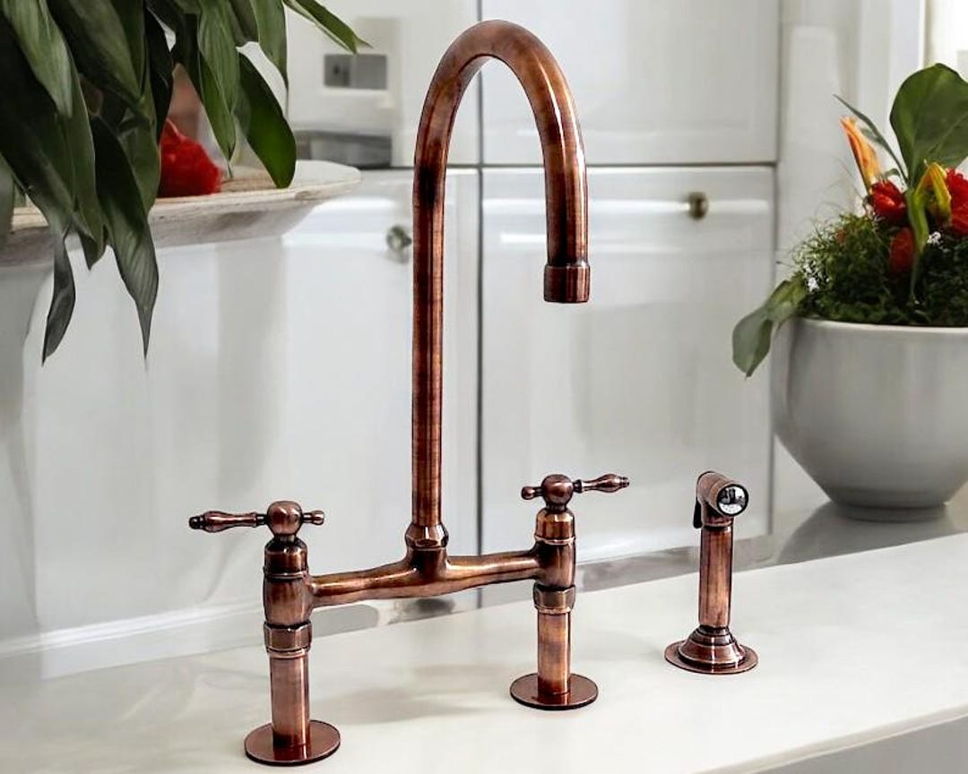 Copper Bridge Faucet Kitchen With Linear Legs, Copper Tap With Sprayer ...