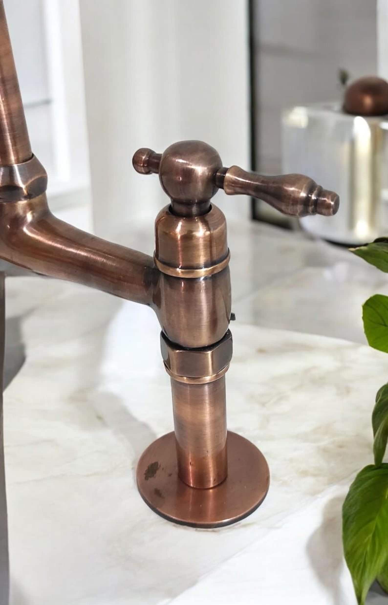 Copper Bridge Faucet Kitchen With Linear Legs, Copper Tap With Sprayer ...