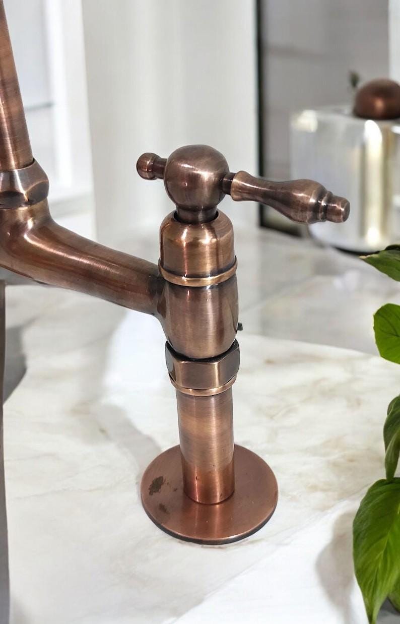 Copper Bridge Faucet Kitchen With Linear Legs, Copper Tap With Sprayer ...