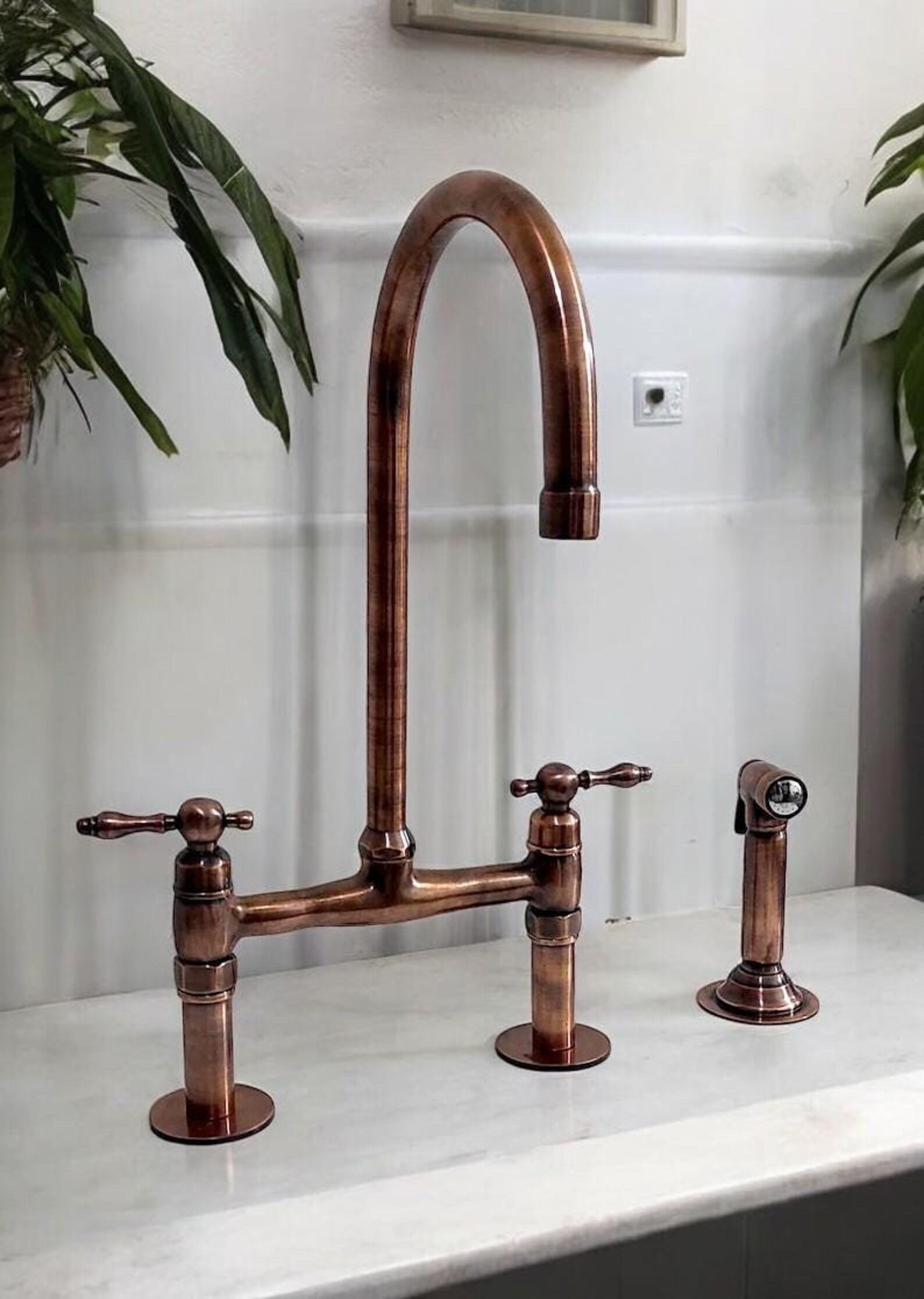 Copper Bridge Faucet Kitchen With Linear Legs, Copper Tap With Sprayer ...