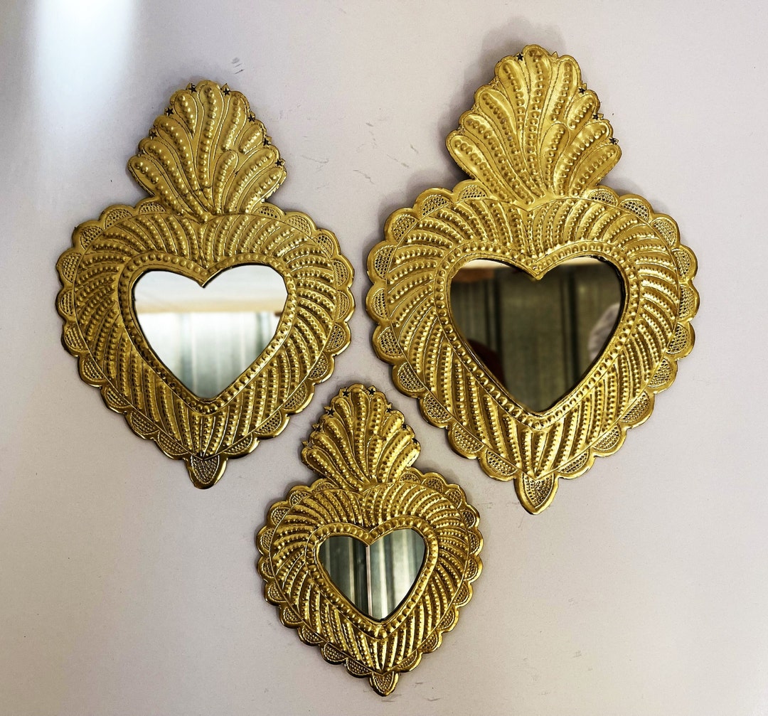 Boho Brass Heart Mirrors Set of Solid Brass Gold Mirror Handmade Heart ...