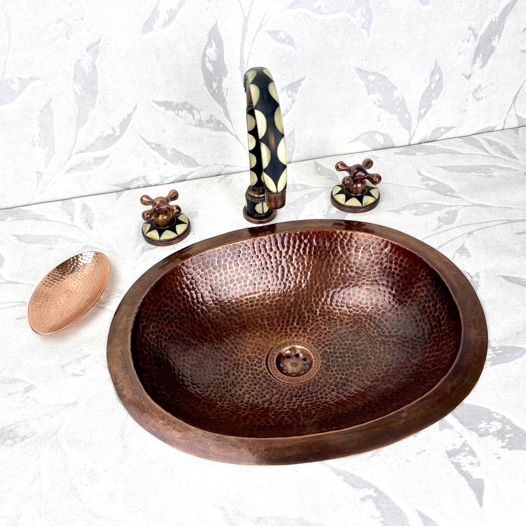 Hammered Copper Vessel Sink Set, Aged Bathroom Drop-in Sink, Widespread ...