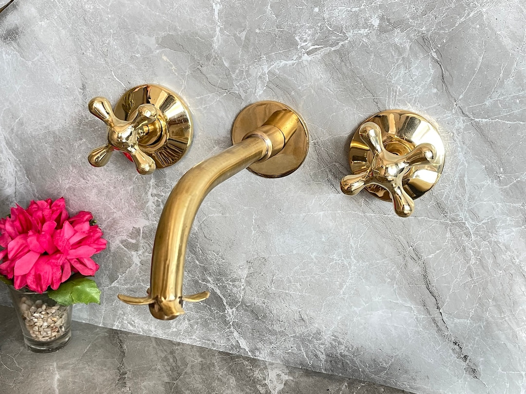 Unlacquered Brass Wall Mount Bathroom Faucet | Moroccan Flower Faucet ...