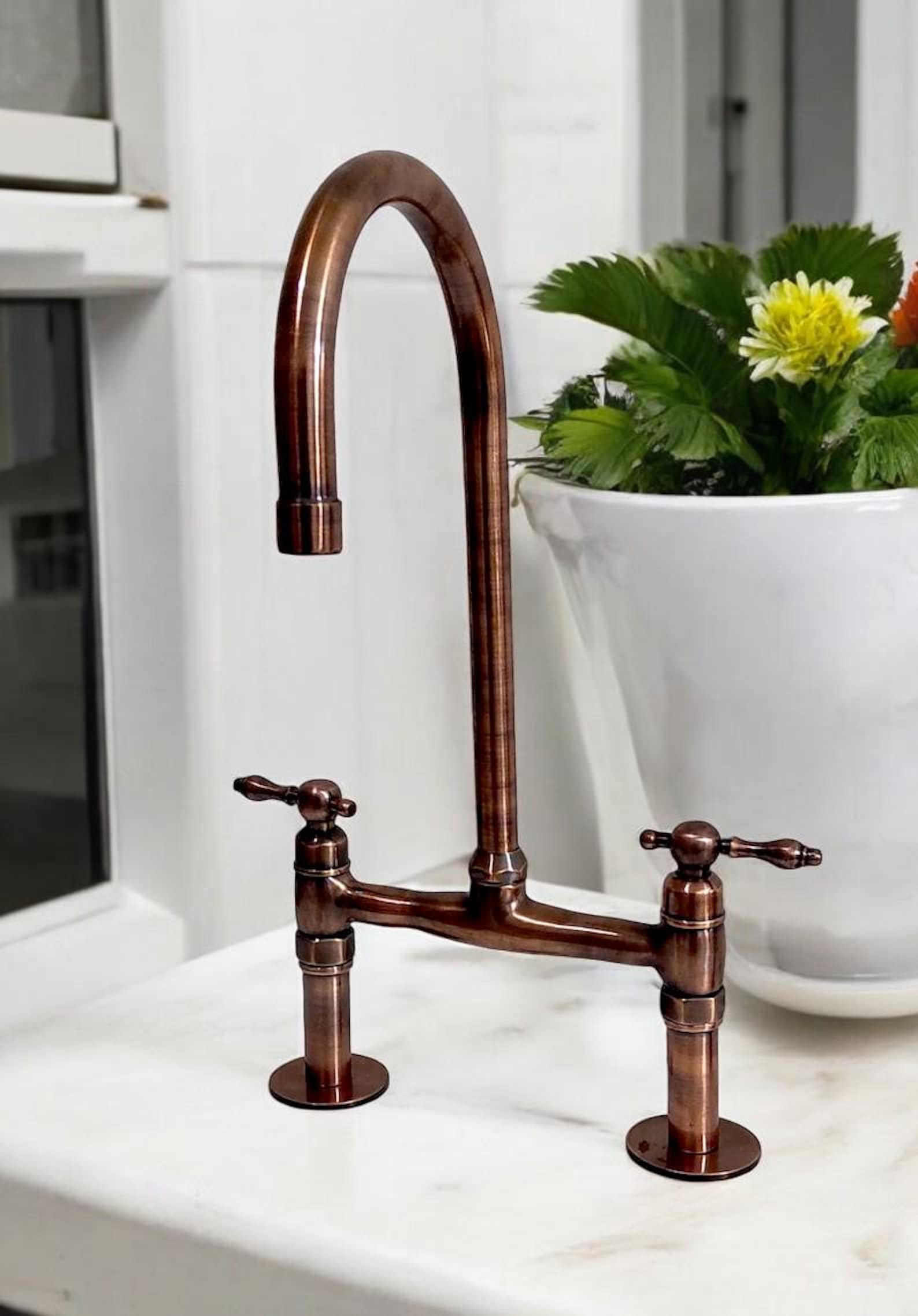 Copper Bridge Faucet Kitchen With Linear Legs, Copper Tap With Sprayer ...