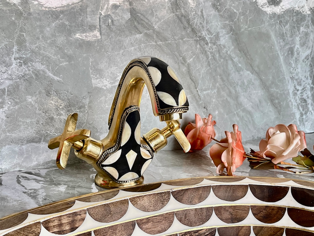 Brass Bathroom Faucet Black Resin Inlay Double Handle Moroccan Art Sink ...