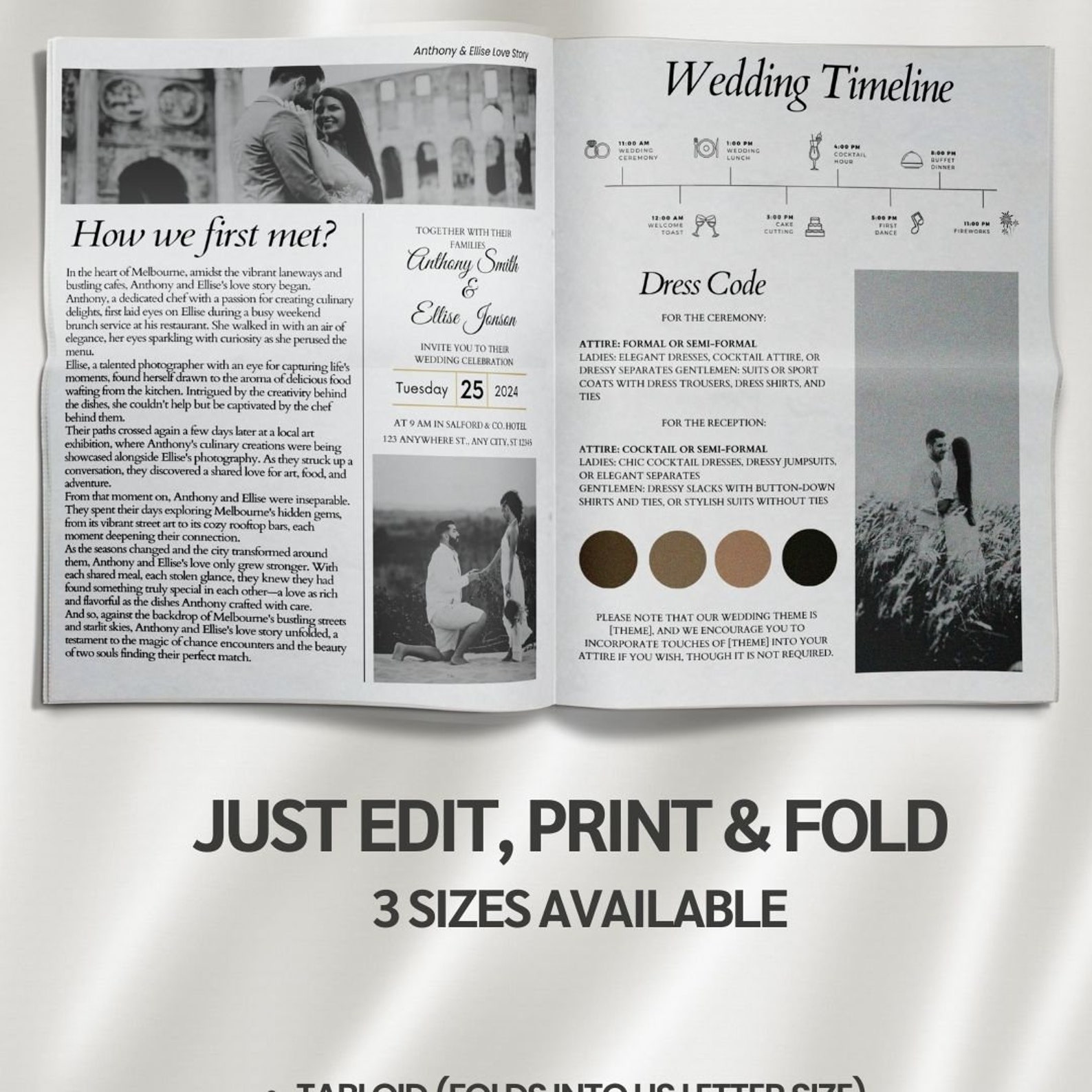 Newspaper Wedding Program Template Editable Wedding Newspaper Program ...