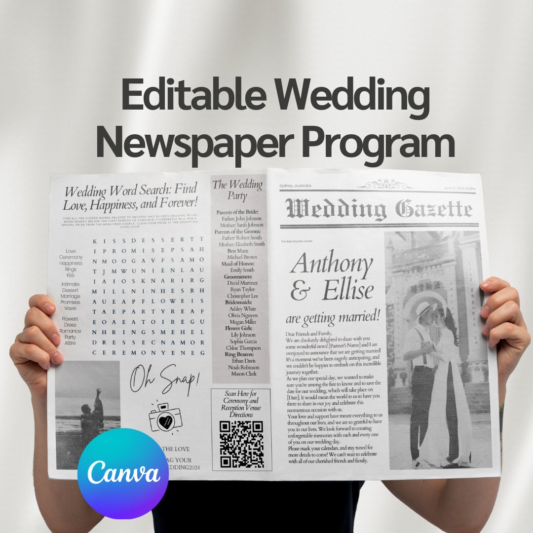 Newspaper Wedding Program Template Editable Wedding Newspaper Program ...