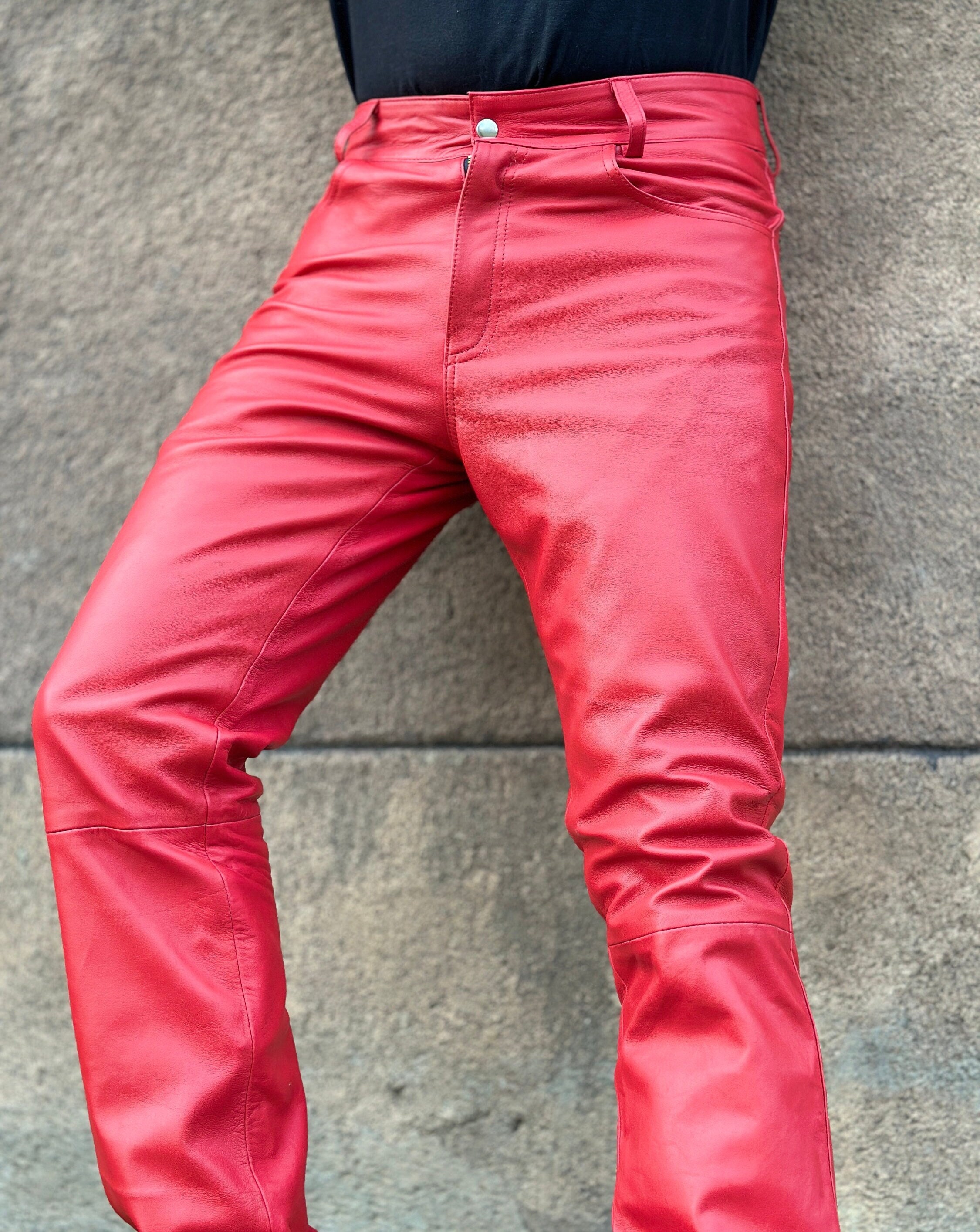 Men's Red 100% Genuine Lambskin Leather Motorcycle Pant, Men's Red Real ...