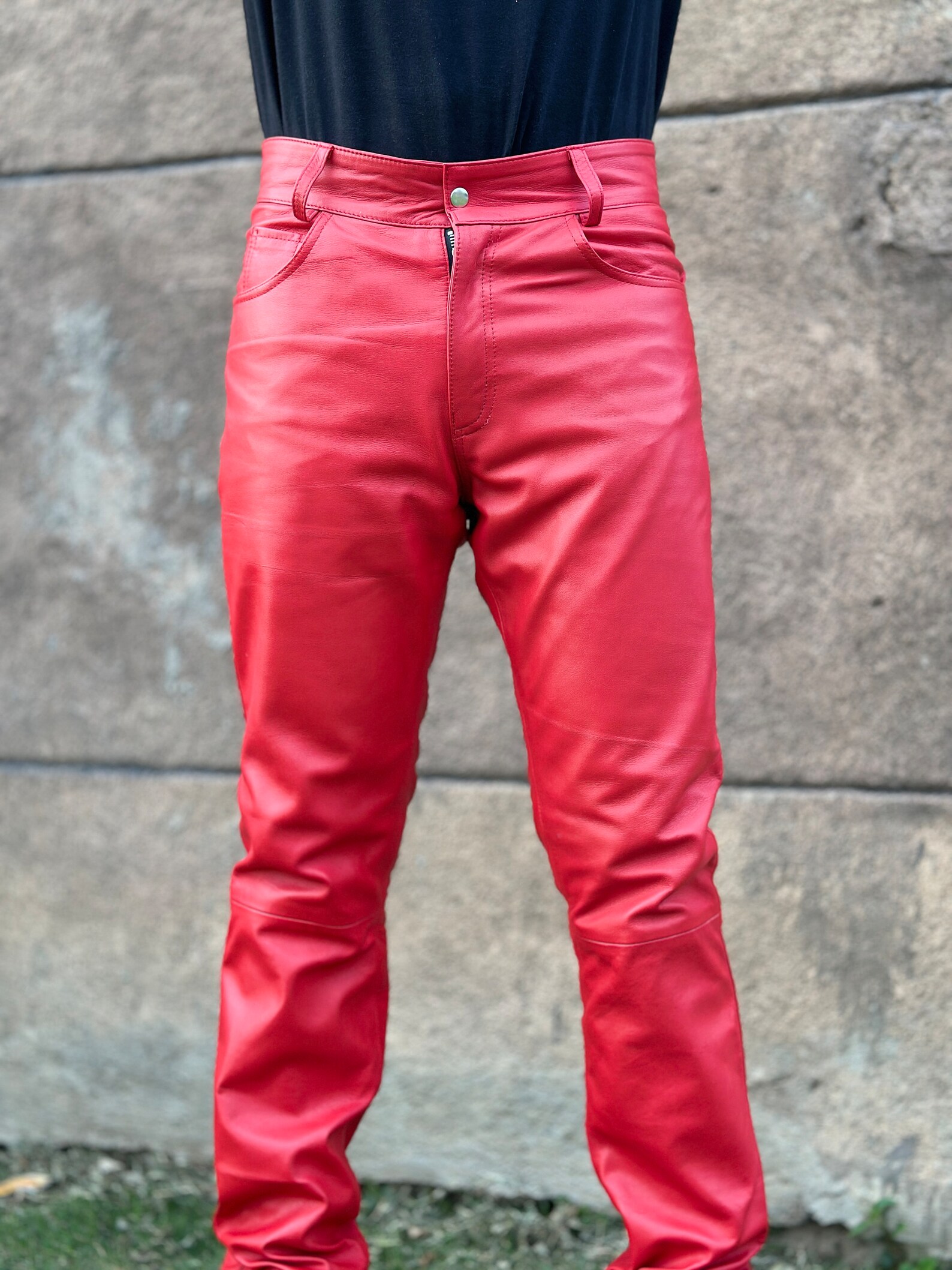 Men's Red 100% Genuine Lambskin Leather Motorcycle Pant, Men's Red Real ...