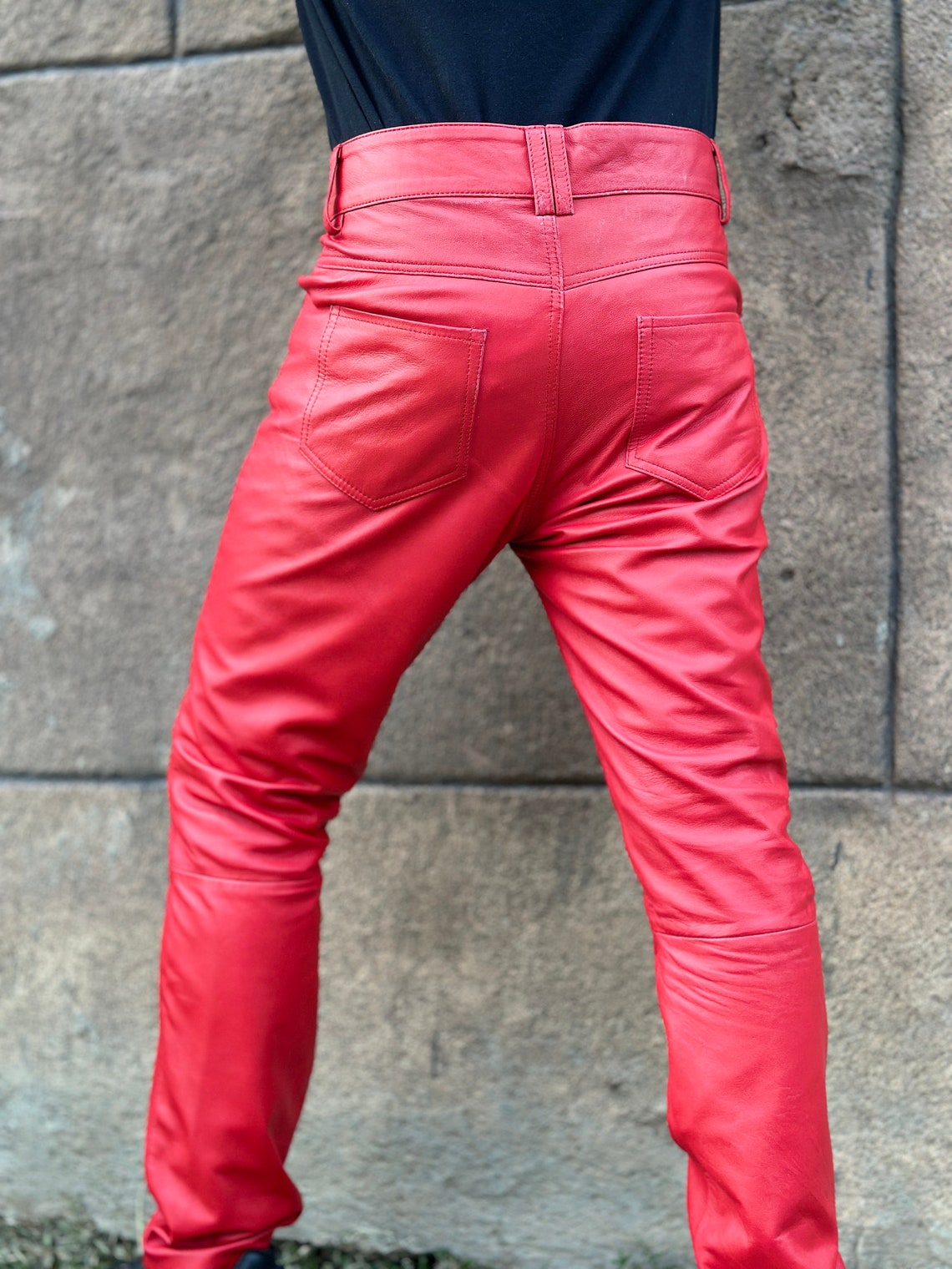 Men's Red 100% Genuine Lambskin Leather Motorcycle Pant, Men's Red Real ...