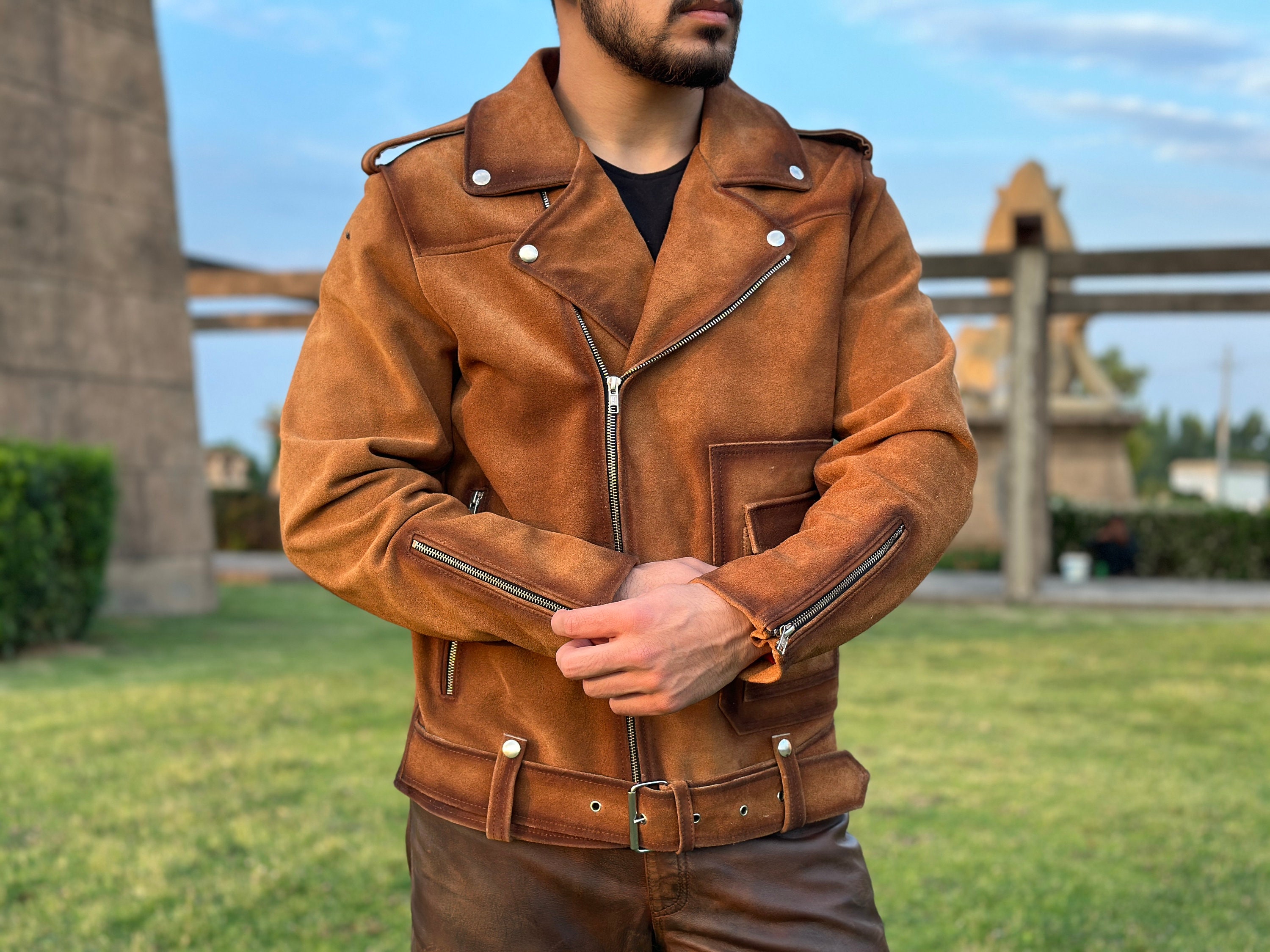 Mens Brown Real Suede Leather Jacket Classic Soft Suede Leather Slim ...